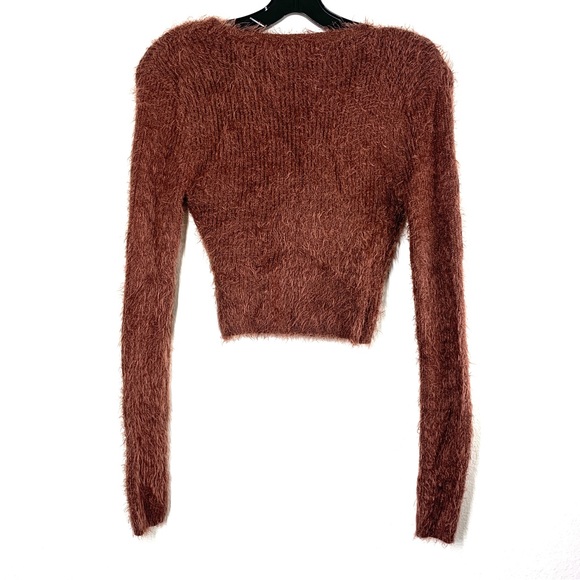 Sweaters | Brown Fuzzy Furry Faux Wrap Crop Sweater | Poshmark